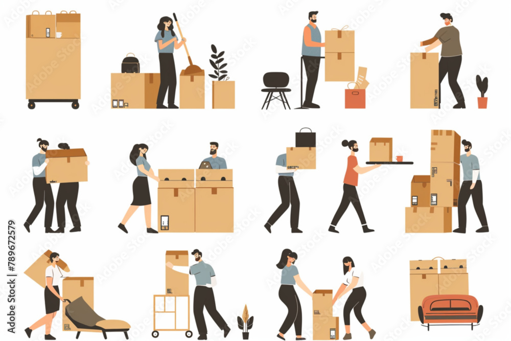 Movers and delivery workers carrying boxes and furniture. Moving house ...