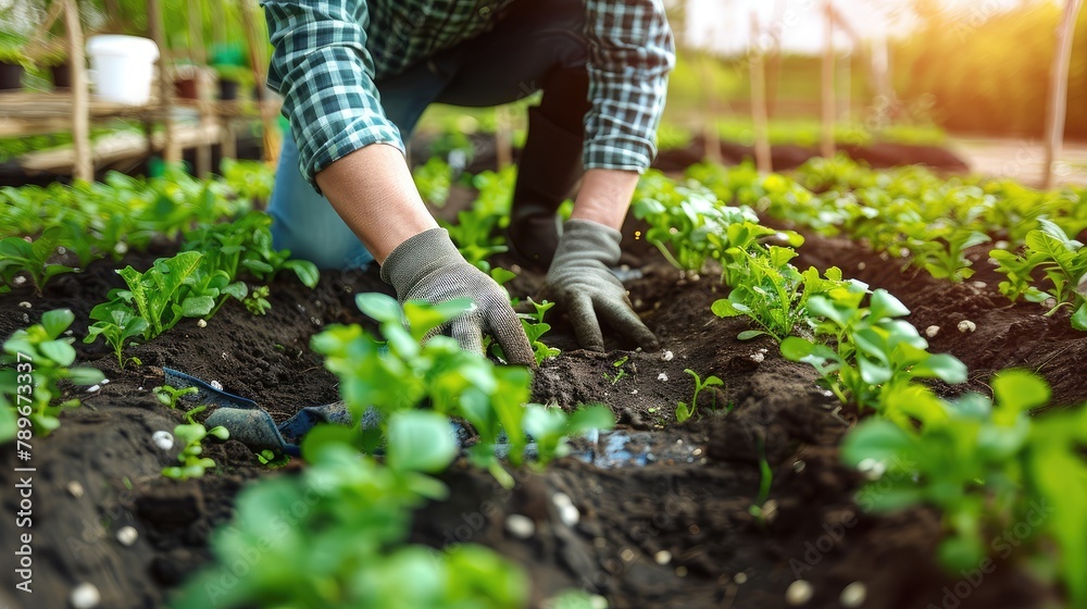person tending to a community garden, weeding and watering plants to ...