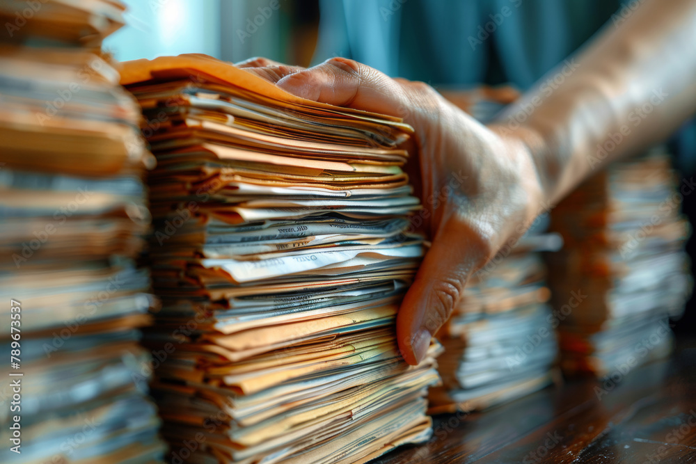 Office, person and hand on stack of paperwork to sort or put away, desk ...