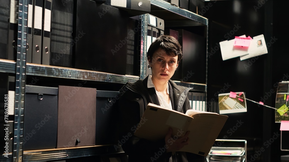 Investigator analyzing evidence records in case files, doing detective ...