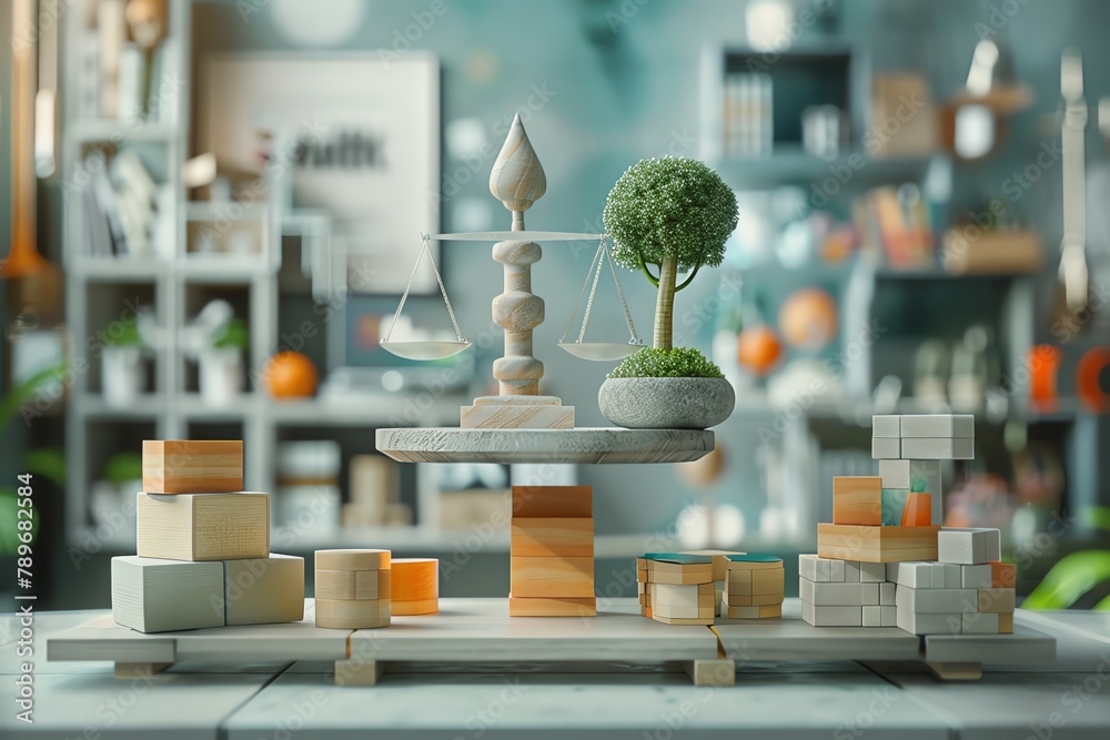 Highconcept CGI animation of a scale balancing various objects ...