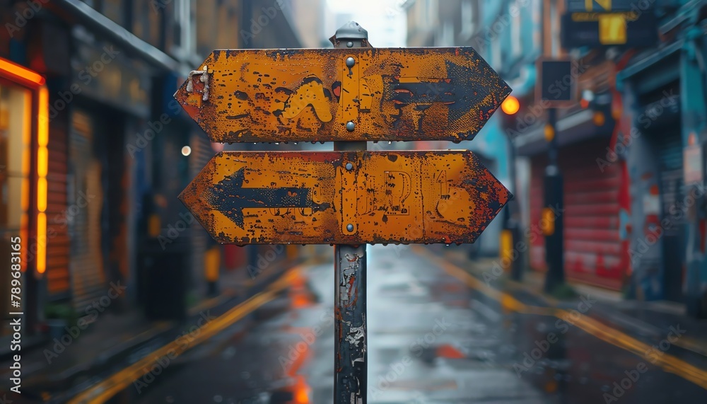 Editorial style photo of a street sign with arrows pointing in various ...