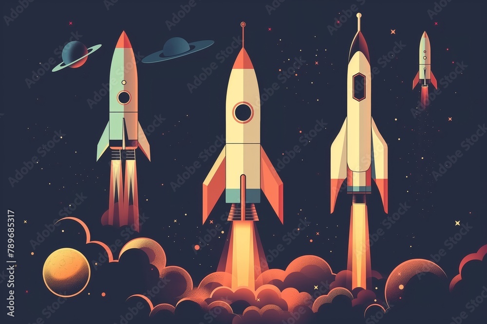 Stylized retro-futuristic rocket illustrations with a minimalist ...
