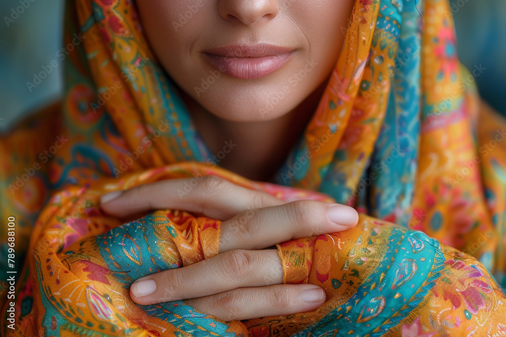 Faith, hands and prayer with Muslim woman at mosque closeup for culture ...