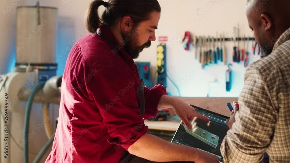 African american artist and colleague comparing wood art schematic with ...
