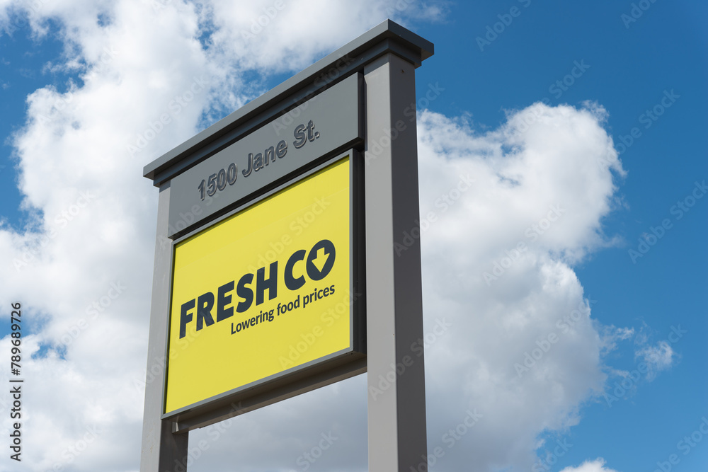 exterior pylon sign of Freshco Jane & Denison, a grocery store chain ...