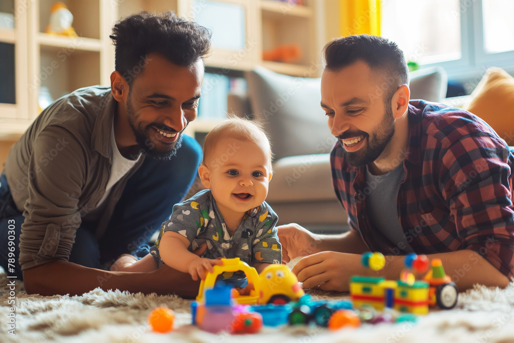 Loving LGBTQ Family Playing with Toys with Adorable Baby Boy at Home on ...