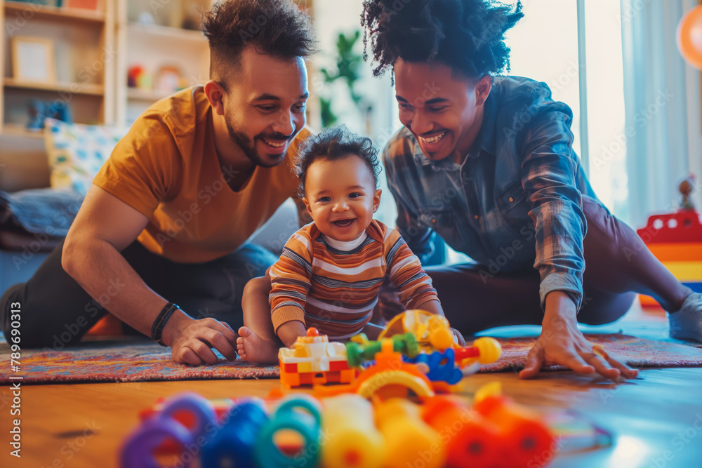 Loving LGBTQ Family Playing with Toys with Adorable Baby Boy at Home on ...