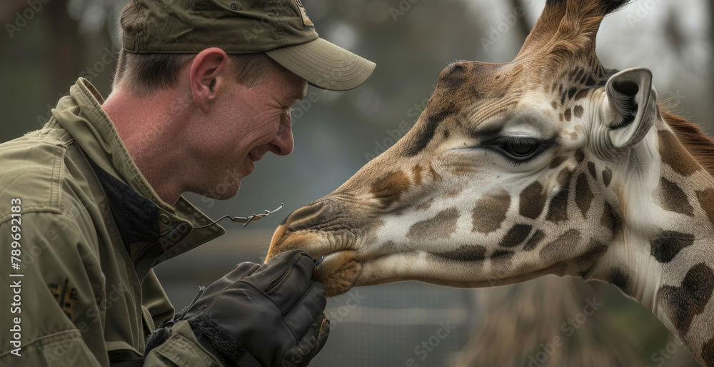 A man is feeding a giraffe a piece of food in a zoo or wildlife park ...