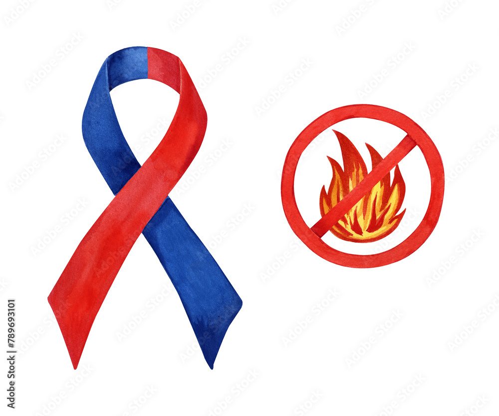 Watercolor blue and red ribbon with fire set. Symbol of International ...
