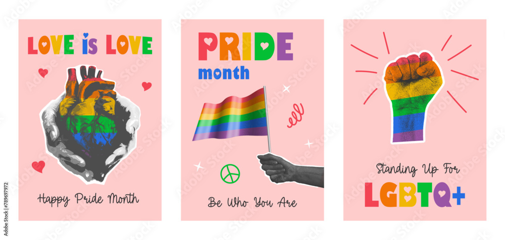 Set of LGBTQ pride month vertical flyers in contemporary halftone ...