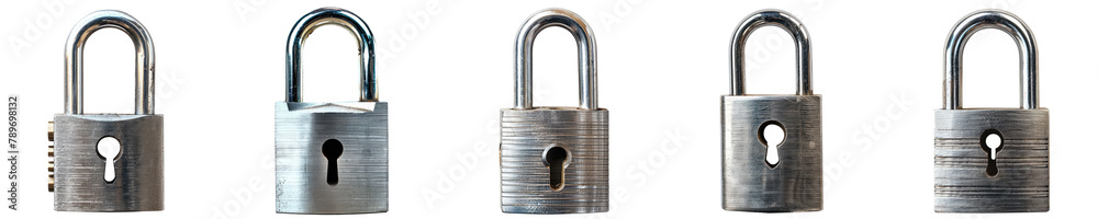 set of metallic padlock with hole front view isolated on white or ...
