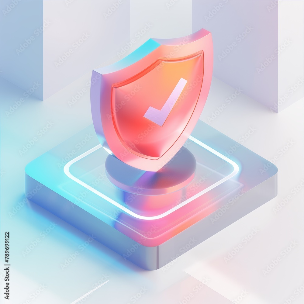 3D icon of orange shield with check mark in the middle on glass ...