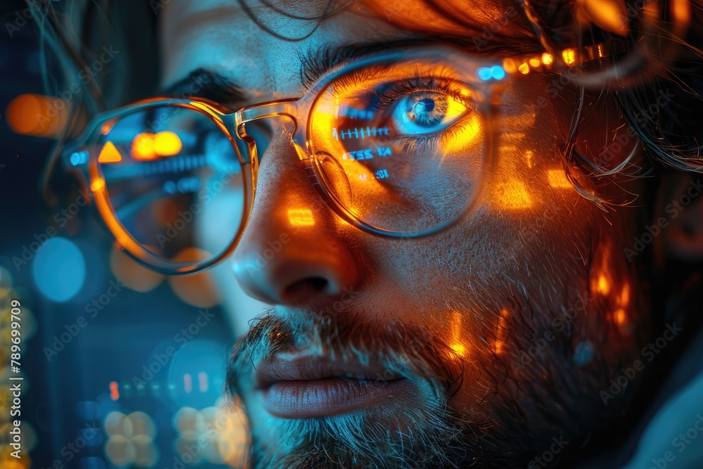 Computer Coding Hologram And Man In Data Analytics Information Technology Overlay Or Html At