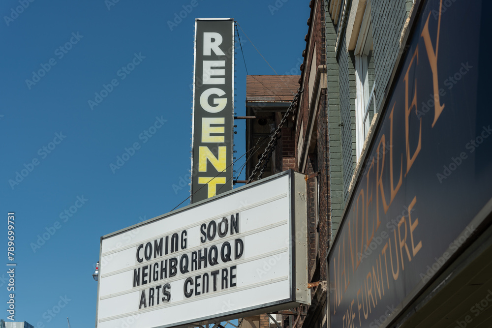 exterior projecting sign and marquee sign outside Regent Theatre, a ...