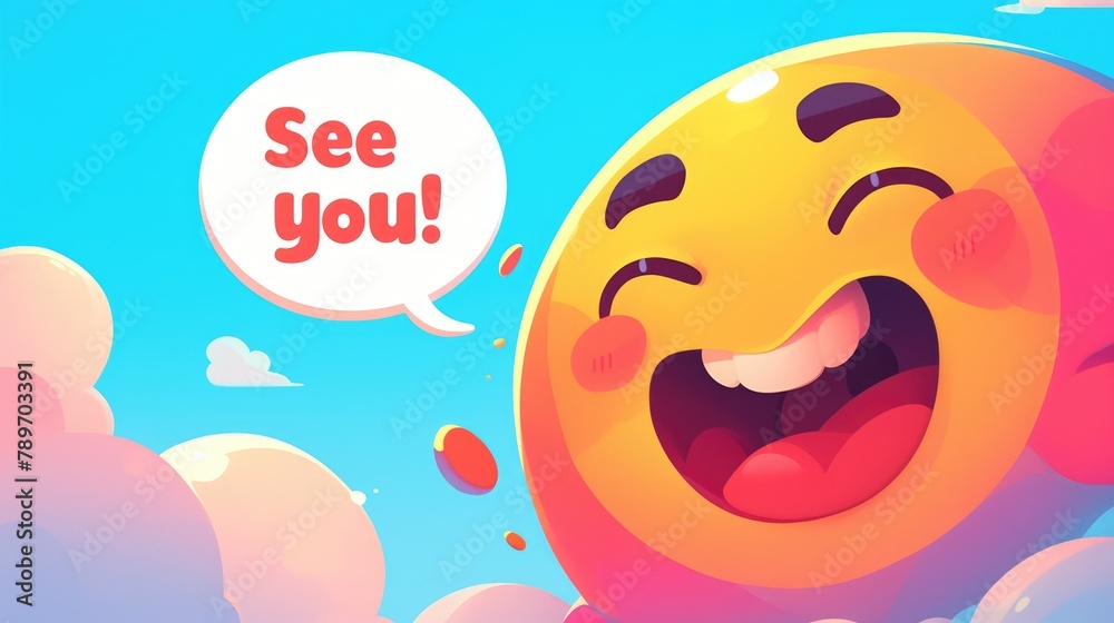 A cartoon rendering of an emoticon face is shown cheerfully bidding ...