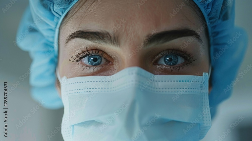 A female surgeon hair pulled back in a tight bun and wearing a surgical ...
