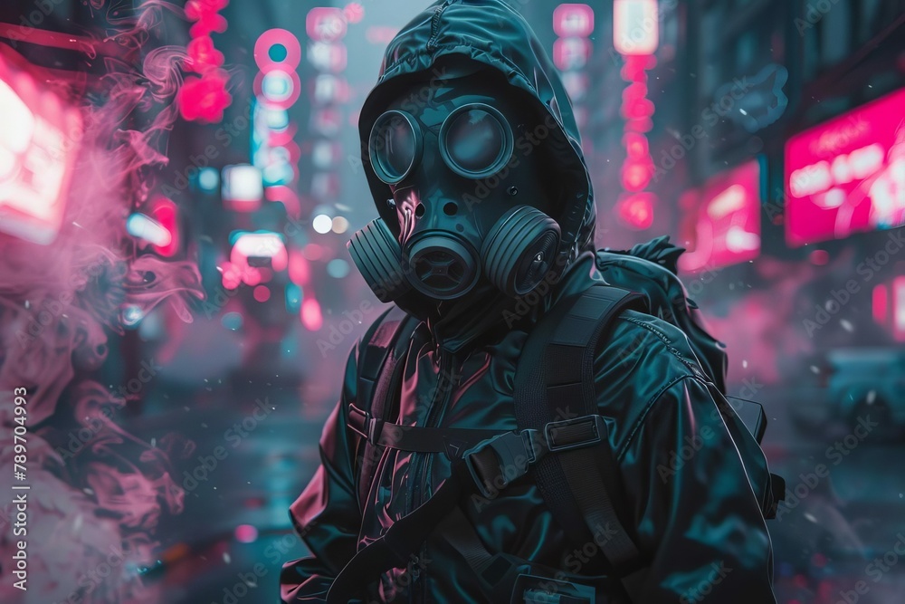 rebel cyberpunk with gas mask in hyper futuristic setting digital art ...