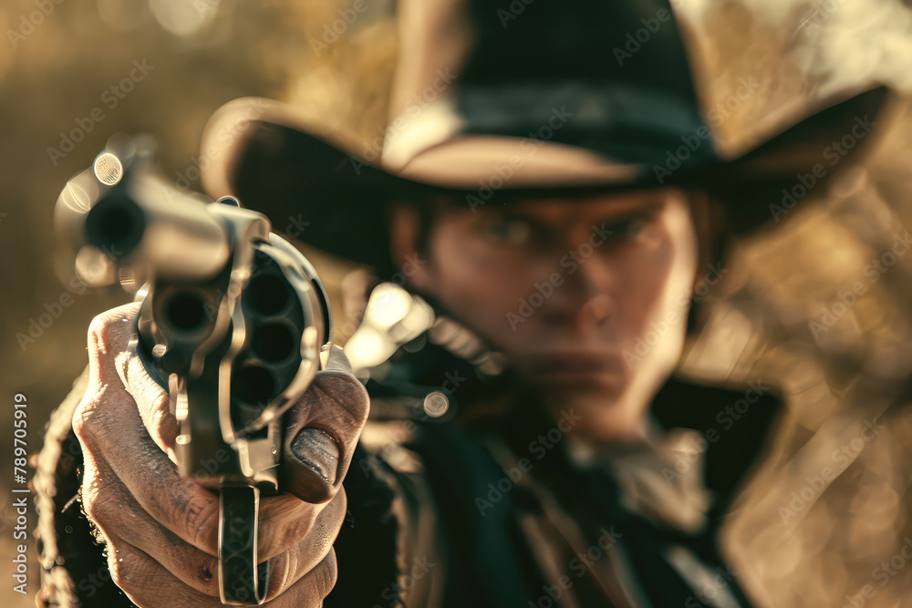 Cowboy prepares on gun fight, duel face to face in the wild west ...