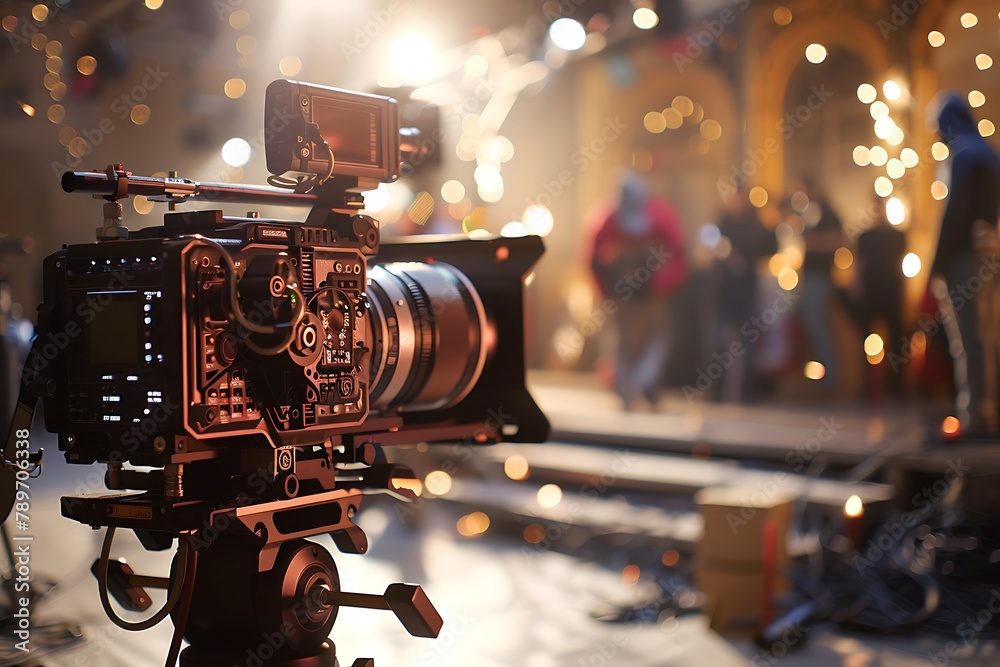 Cinema Camera on Film Set, Behind the scenes background, film crew ...