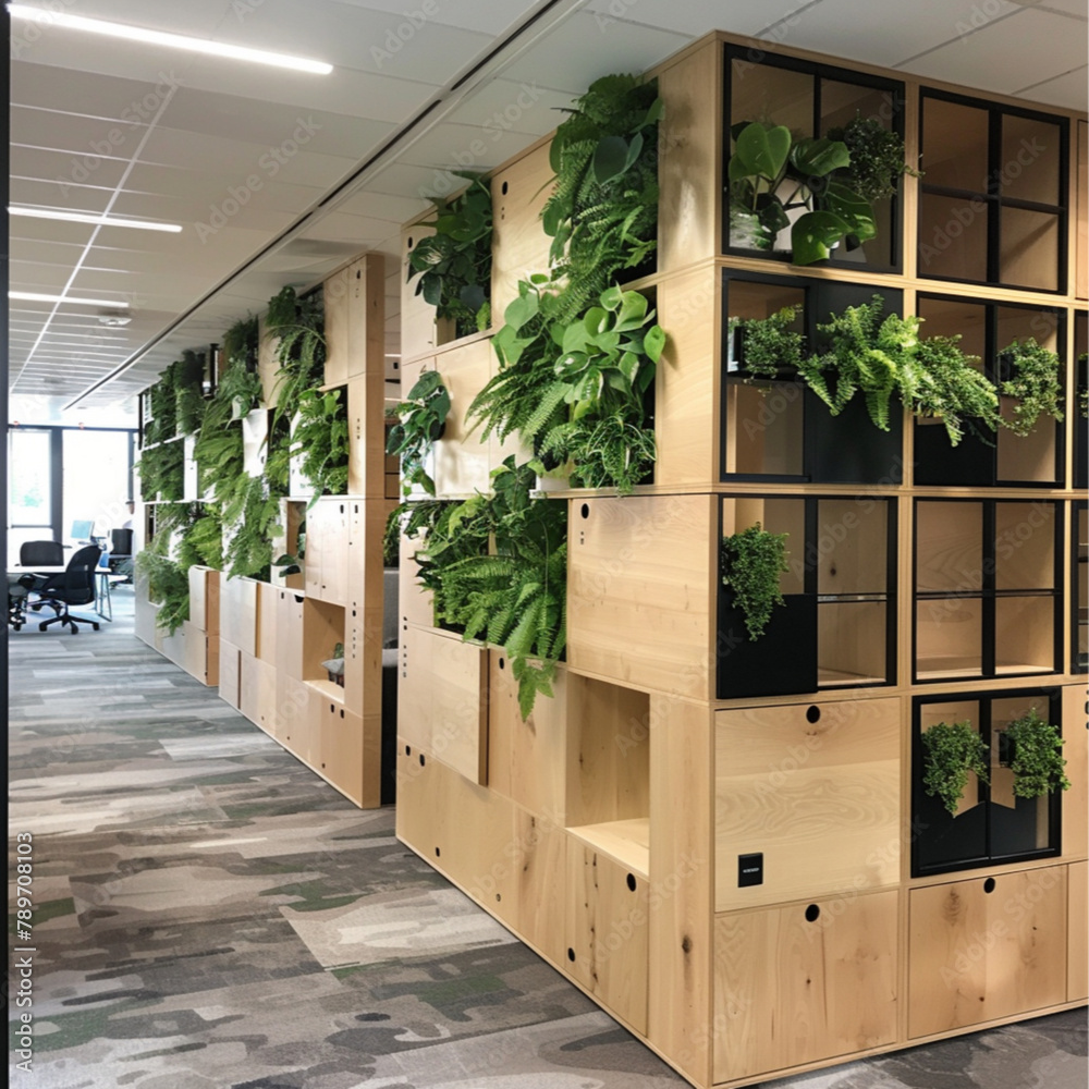 birch plywood storage wall separating an office incorporating lockers ...