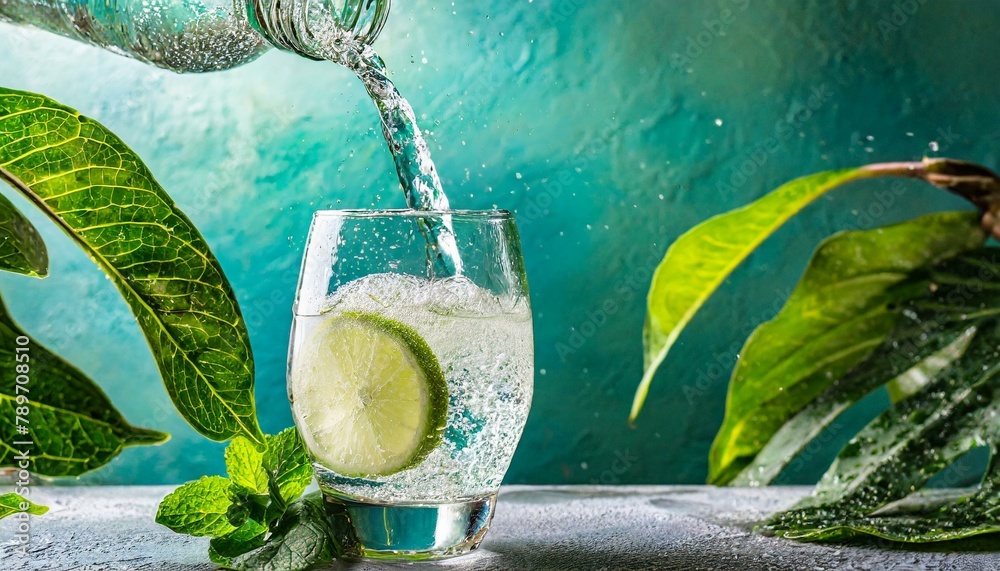 Sparkling bubbly water is poured into a clear glass with a lime slice ...