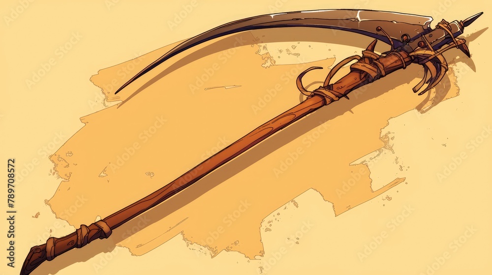The village scythe is a rustic wooden tool with a sharp blade used for ...