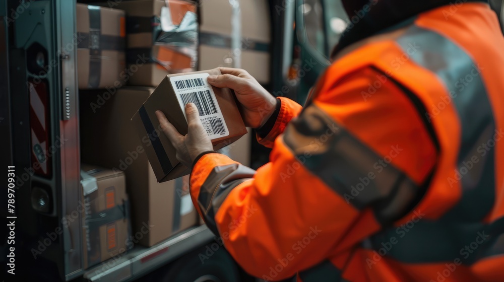 courier scanning a barcode on a package before loading it onto a ...