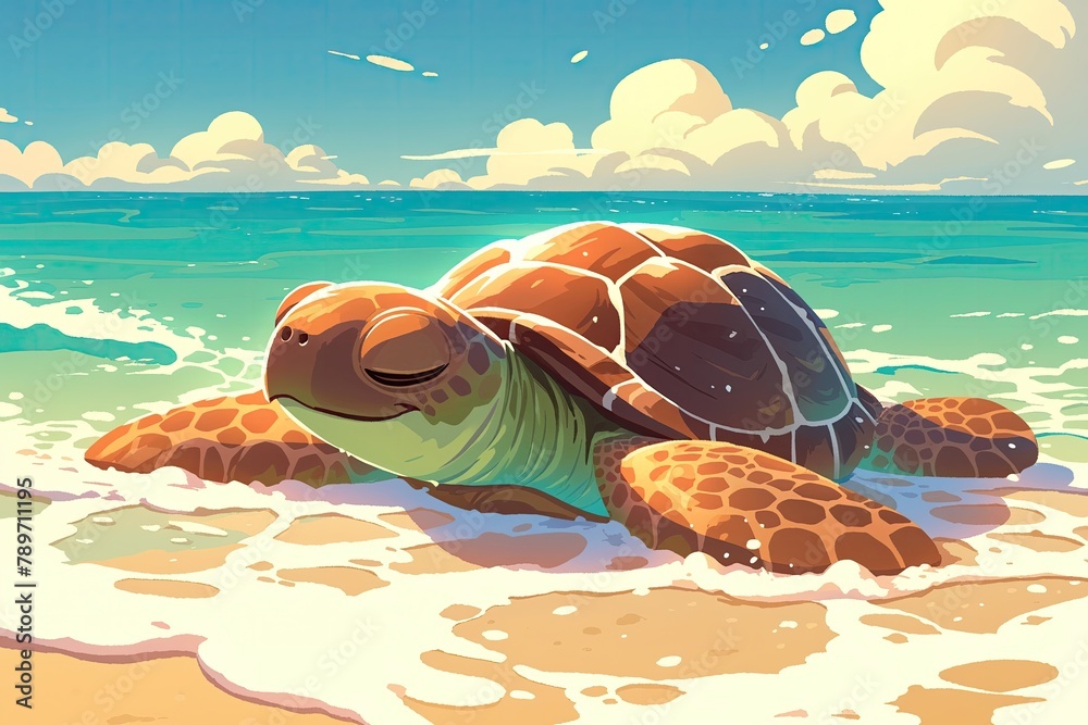 A cartoon giant tortoise basking on a beach, its shell warmed by the ...