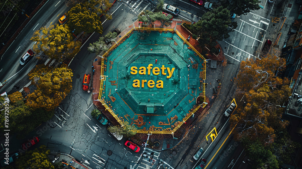 drone top view of "safety area" sign on the street, earthquake ...