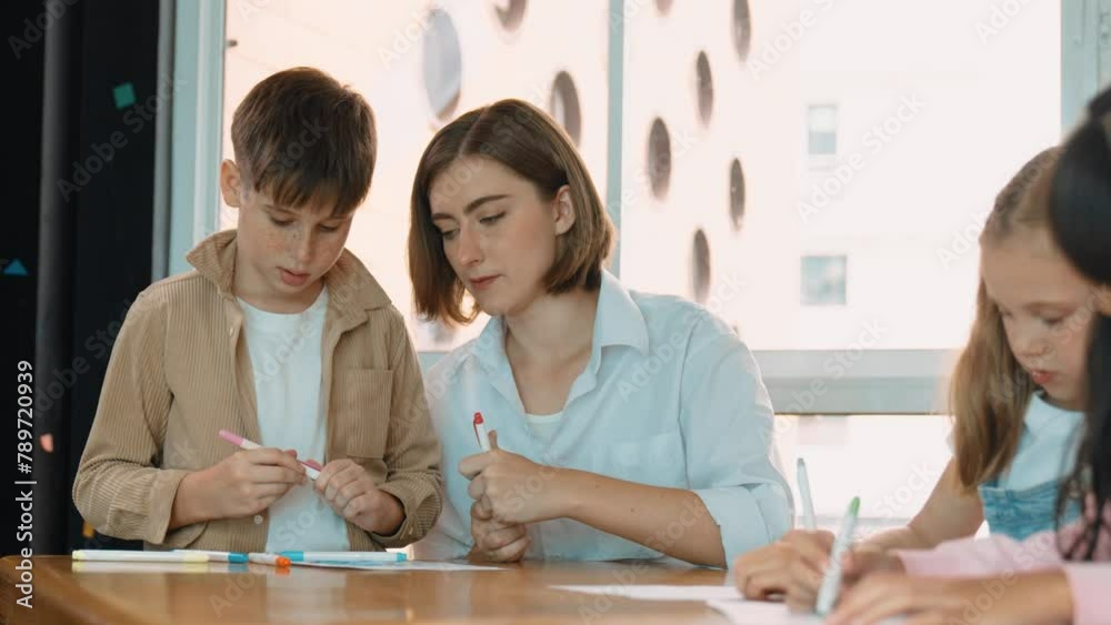 Panorama shot of happy diverse student and smart teacher drawing and ...