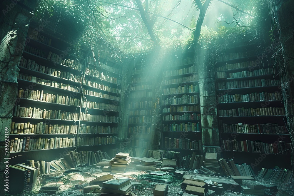 Step into an ethereal realm where old books hang suspended, creating a ...