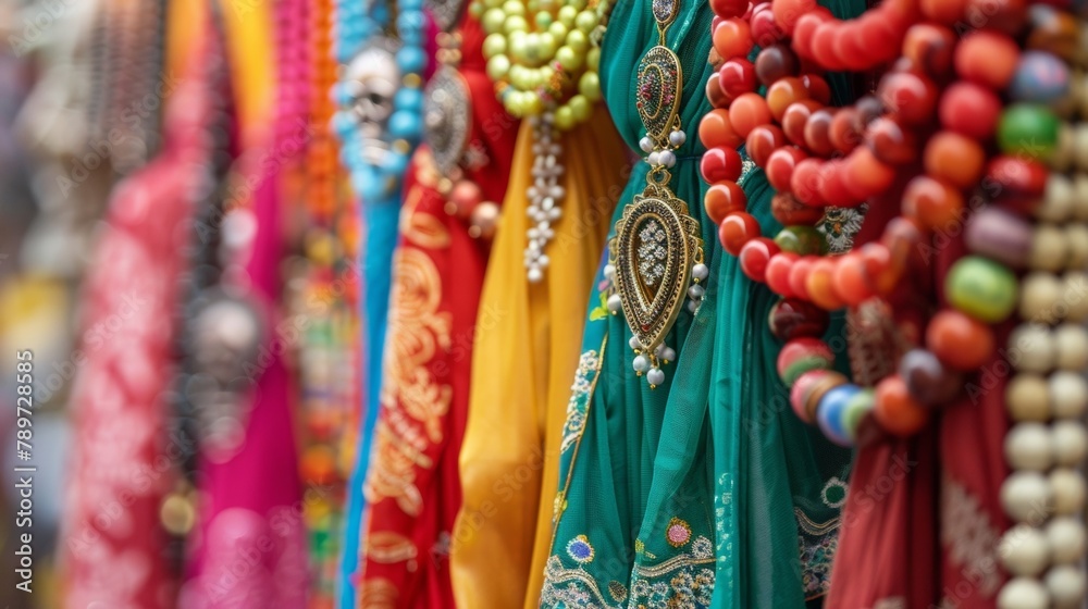 Closeup of a colorful display of traditional attire and cultural ...