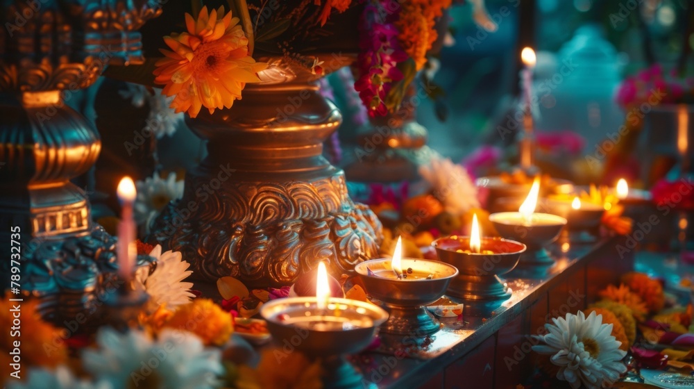 Closeup of a beautifully decorated altar with offerings and symbols ...