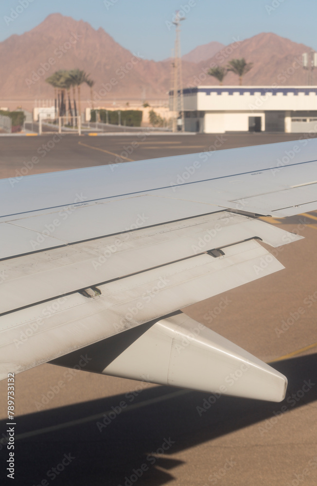 The plane lands on the airfield. Spoilers and flaps trailing edge when ...