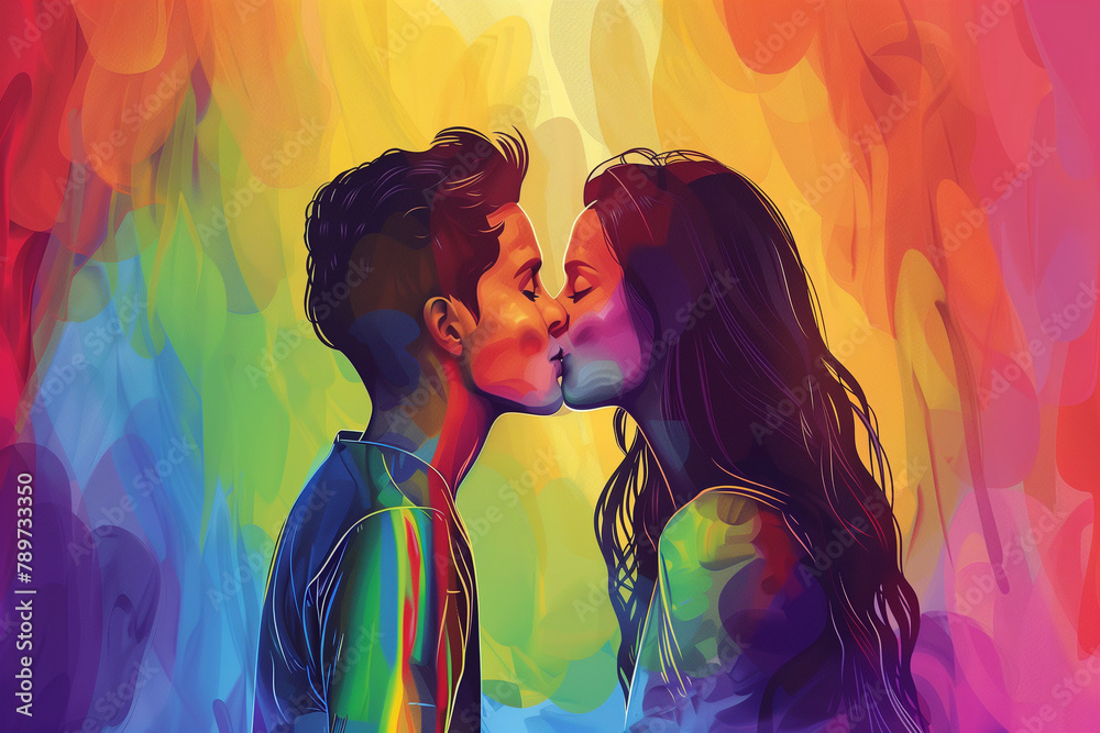 Bisexual Couple Giving Each Other A Kiss On An Artistic Rainbow Colored Background Celebrating