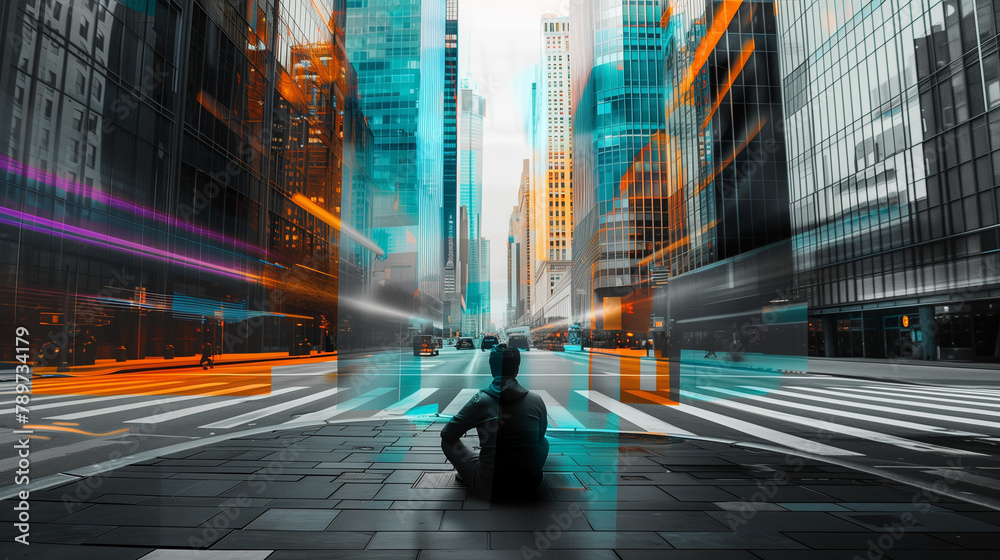 sitting at a crosswalk in a bustling city,. while the city is in vivid ...