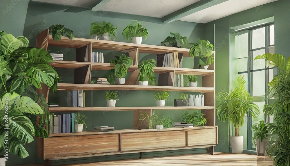 contemporary-style bookshelf adorned with plants that serves as a ...