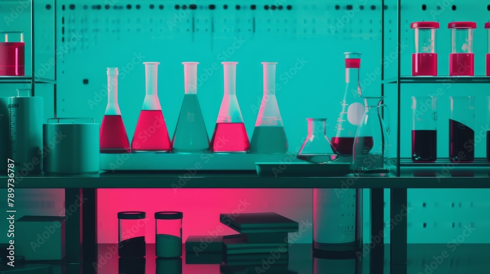 Showcases a laboratory bench cluttered with various chemicals and ...