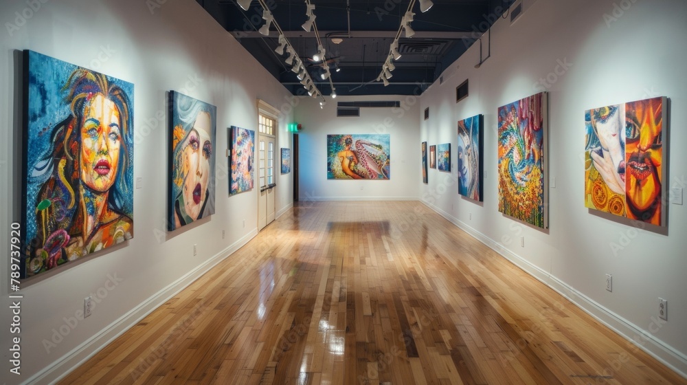 A group of finished paintings displayed on gallery walls each one with ...