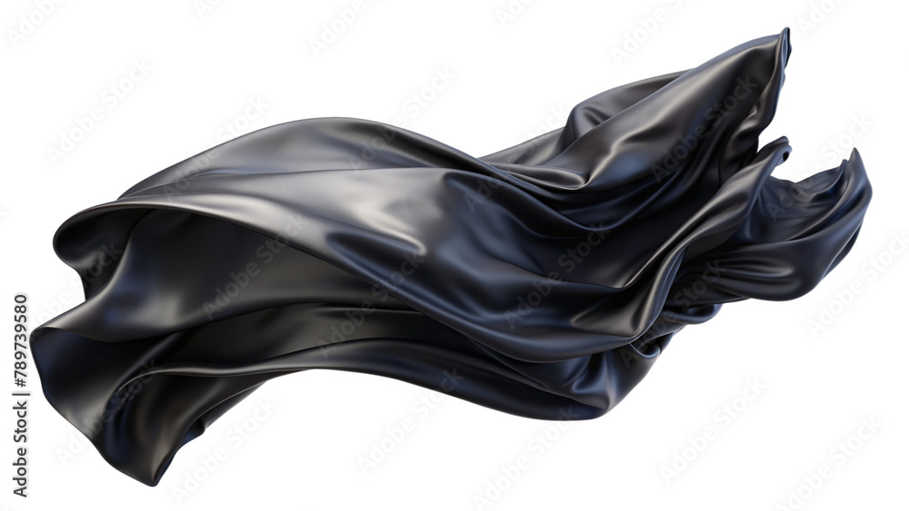 Black silk cloth flying and waving in the air, isolated on a white ...