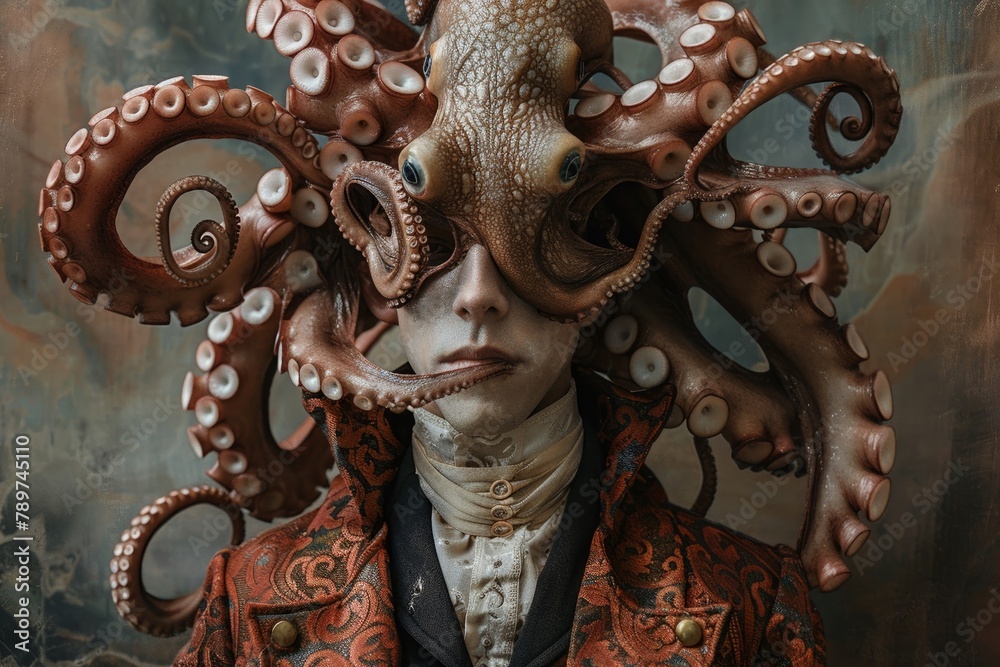 A debonair figure with a live octopus crown, embodying a surreal blend ...