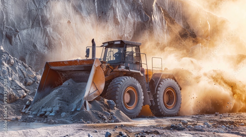 Powerful Heavy Loader Operating in Rugged Quarry Environment Scooping ...