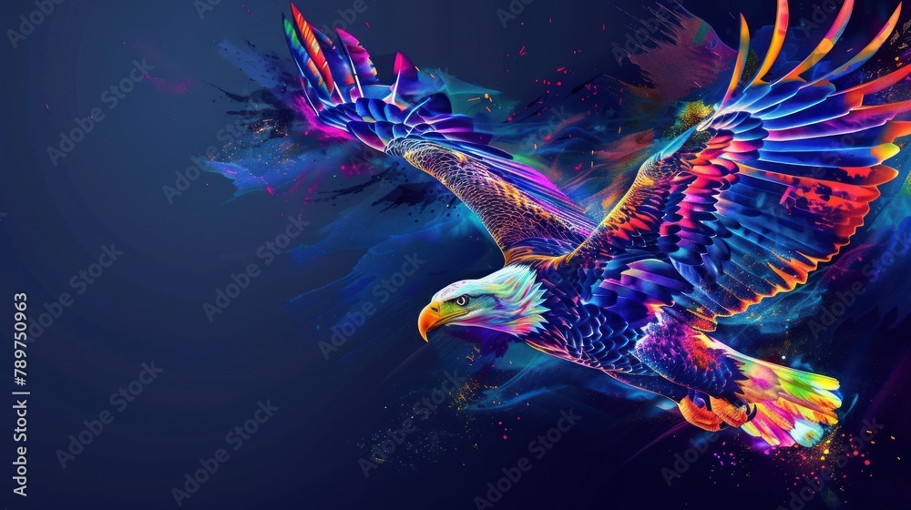 Flying bald eagle. Color, abstract, neon, art portrait of a soaring ...