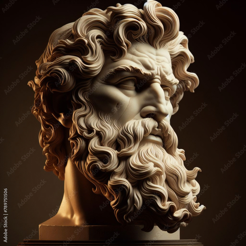 Handsome marble statue of powerful greek god Zeus over dark background ...