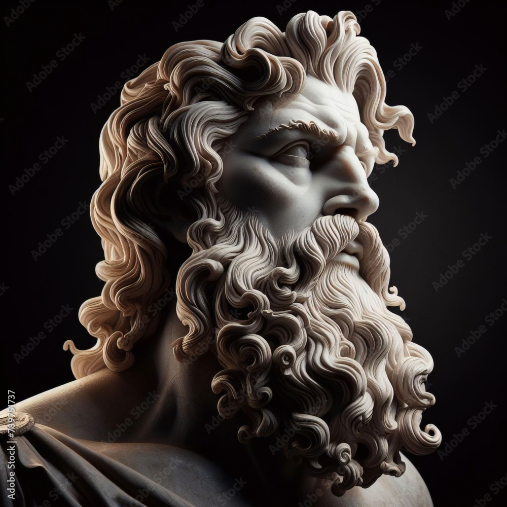 Handsome marble statue of powerful greek god Zeus over dark background ...