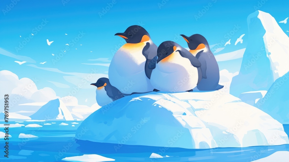 2d background featuring adorable penguins peacefully napping on icy ...