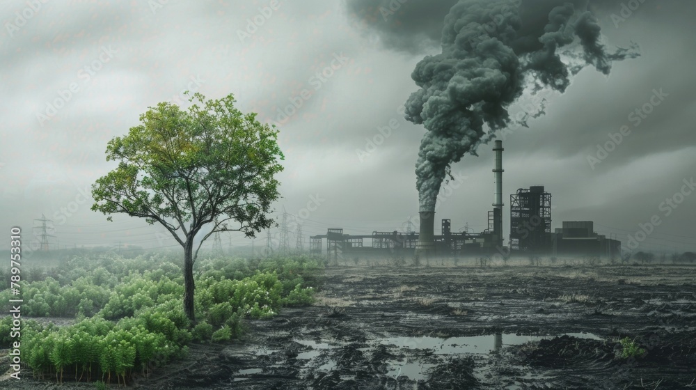 An image of a withered tree in front of a coal power plant compared to ...