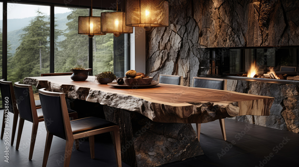 Rustic live edge dining table made from wooden slab and logs. Interior ...