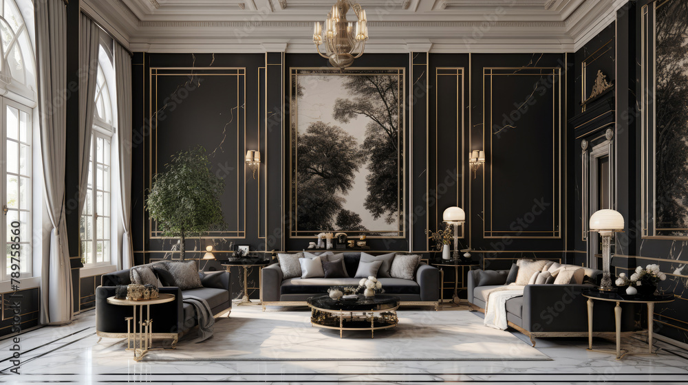 Poster Neoclassical interior design of living room with black marble ...